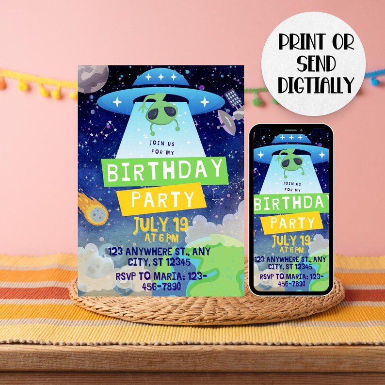 Editable Alien Birthday Party Invitation Kids Space Party Invite UFO ...