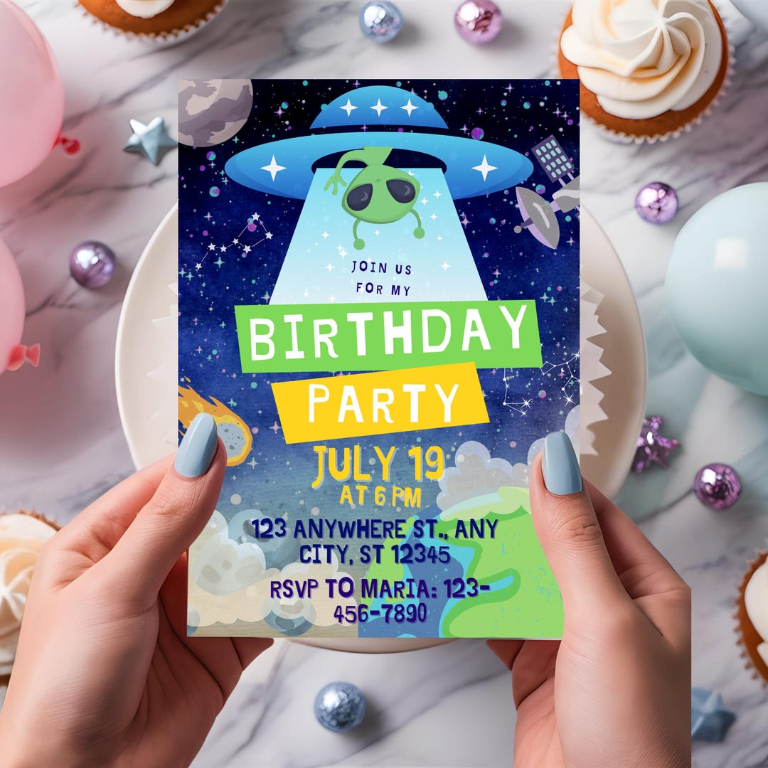 Alien Birthday Party Invitation: Kids Space UFO Invite (canva Printable ...
