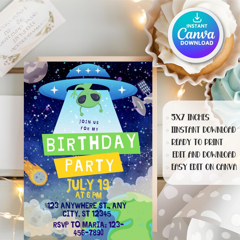 Editable Alien Birthday Party Invitation Kids Space Party Invite UFO ...