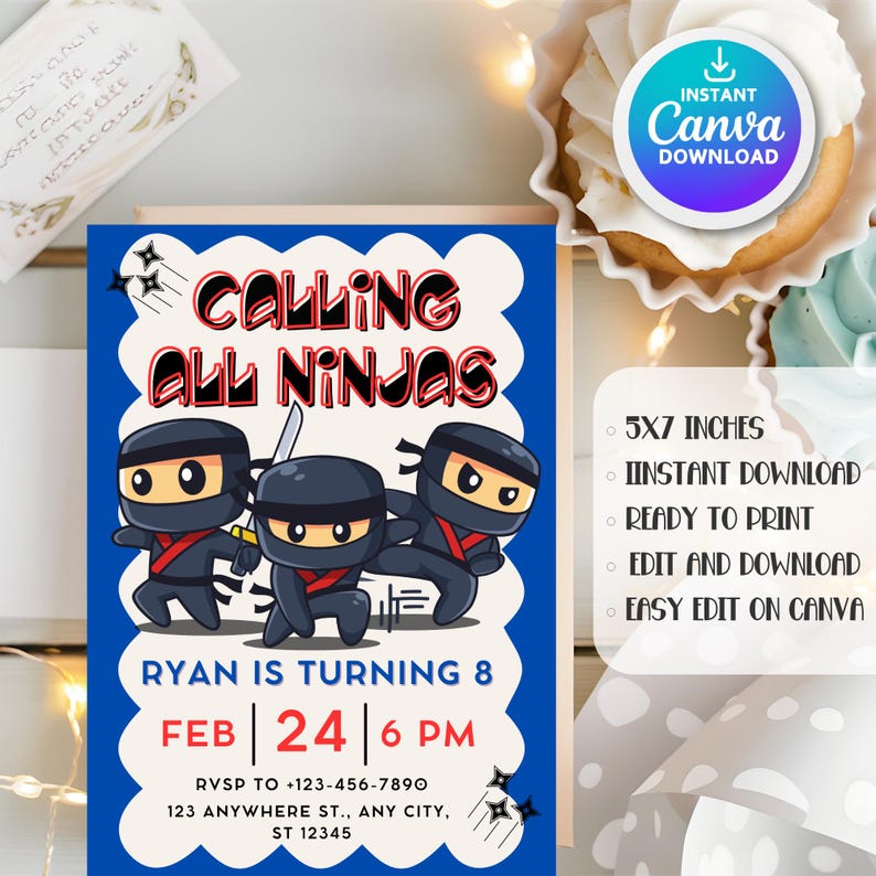 Editable Ninja Birthday Party Invitation Card Template, Martial Arts ...