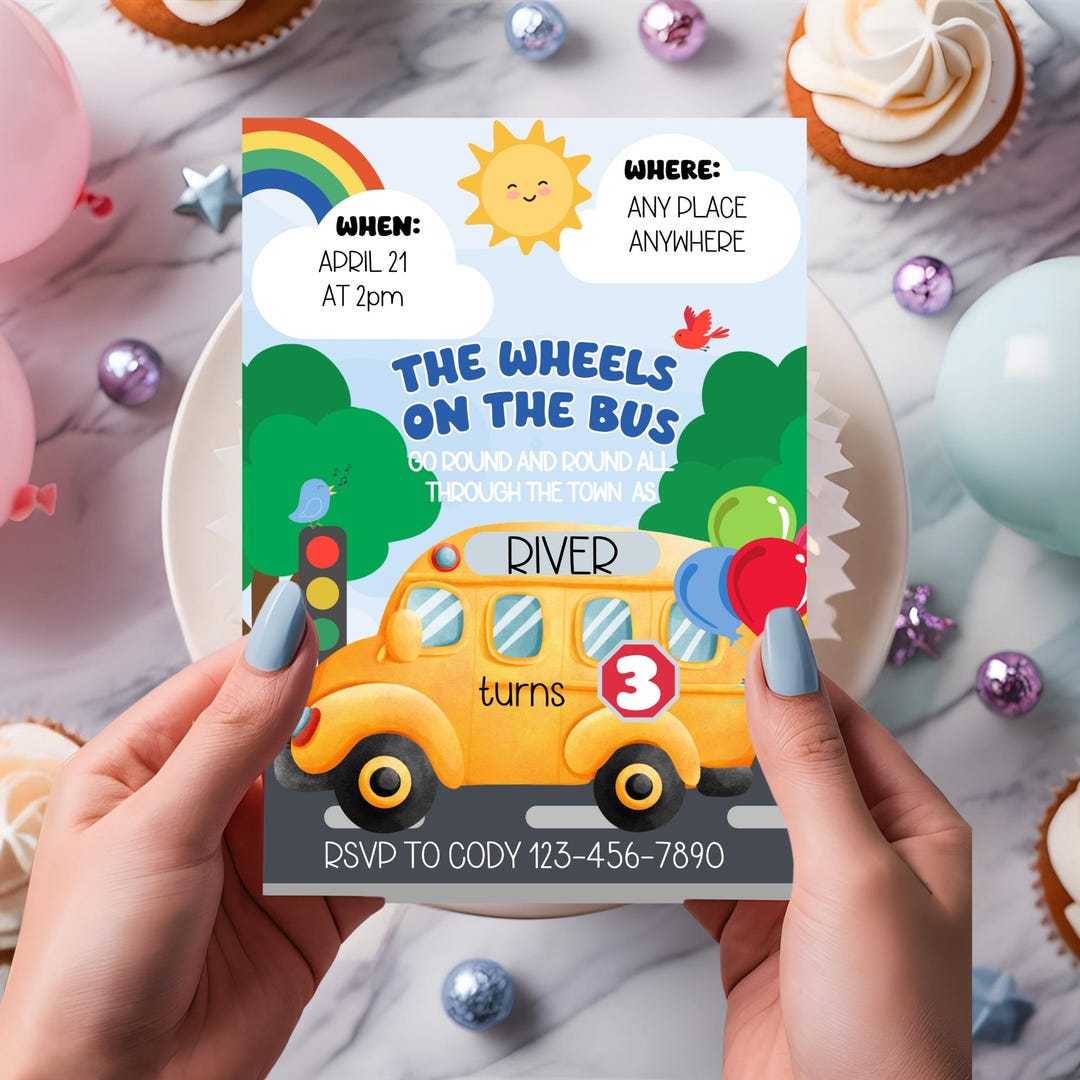 Wheels on the Bus Birthday Invitation: School Bus Party (instant ...