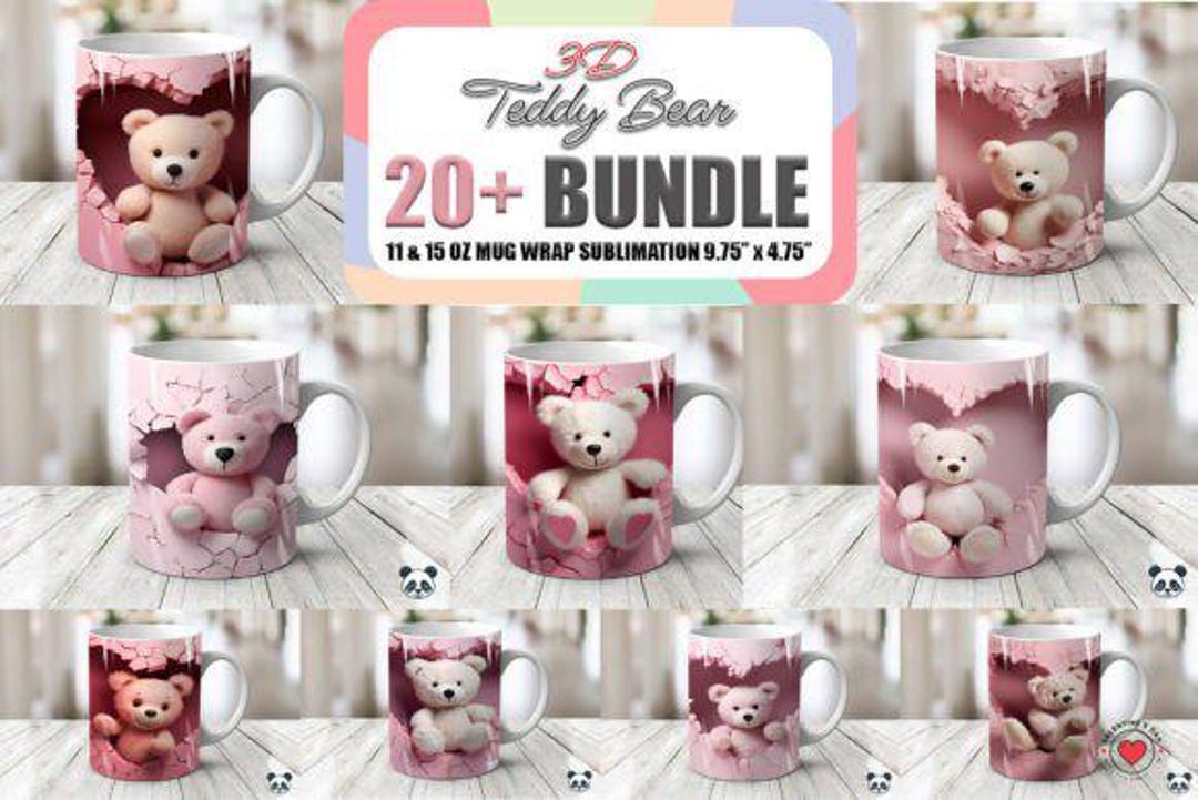 Teddy Bear 3D Valentine Mug Wrap Bundle Adorable Digital Sublimation ...
