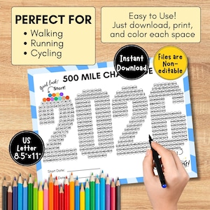 500 Mile Challenge for 2026, 500 Mile Tracker, Walking Tracker, Running ...