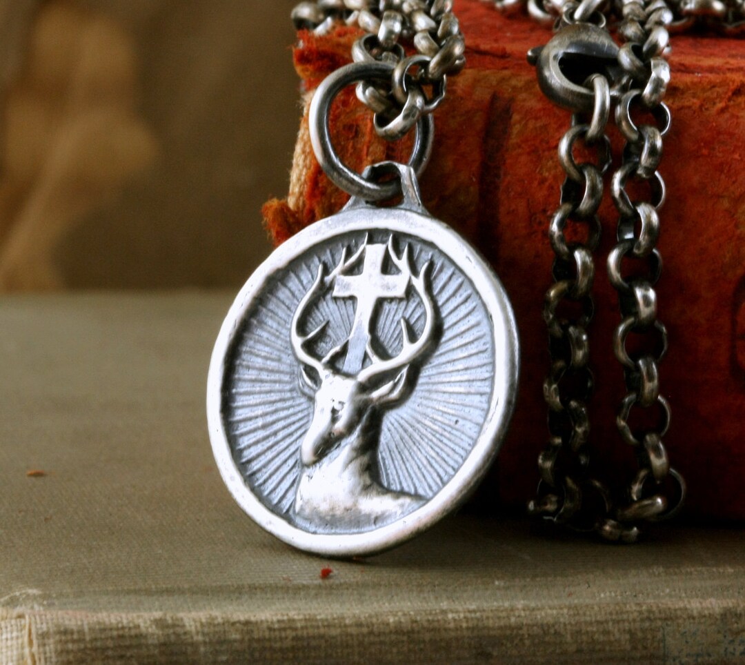 Men's Cross Necklace, Christian Deer Buck Symbol, St Hubert Medal ...
