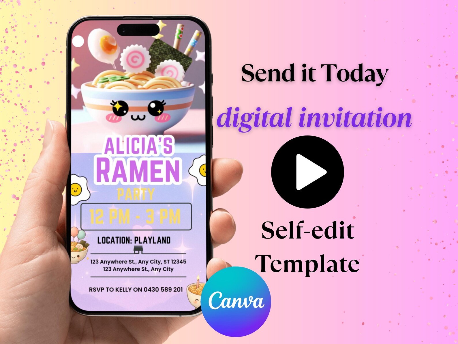 Kawaii Ramen Birthday Invitation | Cute Noodle Party Invite | Editable ...