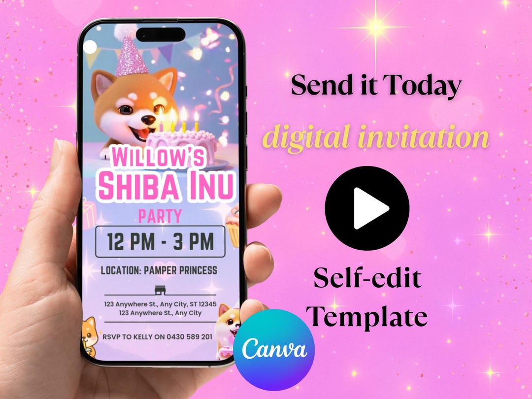 Shiba Inu Birthday Invitation | Kawaii Dog Party Invite | Editable ...