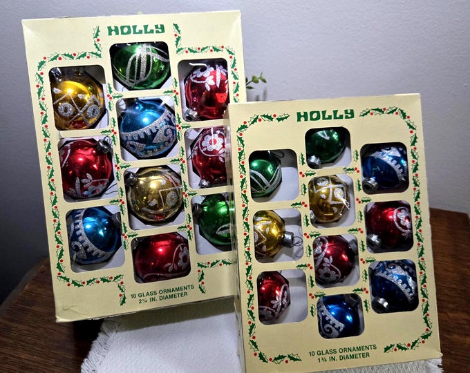 Vintage Holly Glass Christmas Ornaments – Set of 2 Boxes / 20 Total ...