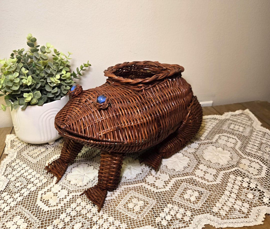 Vintage Wicker Rattan Frog Planter – MCM Woven Basket With Blue Marble ...