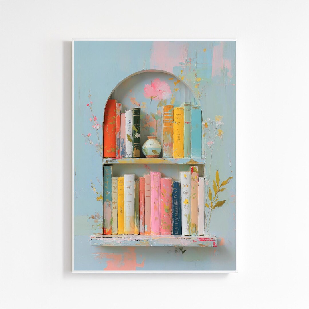 Pastel Bookshelf Wall Art Print-colorful Book Lover Decor, Minimalist ...