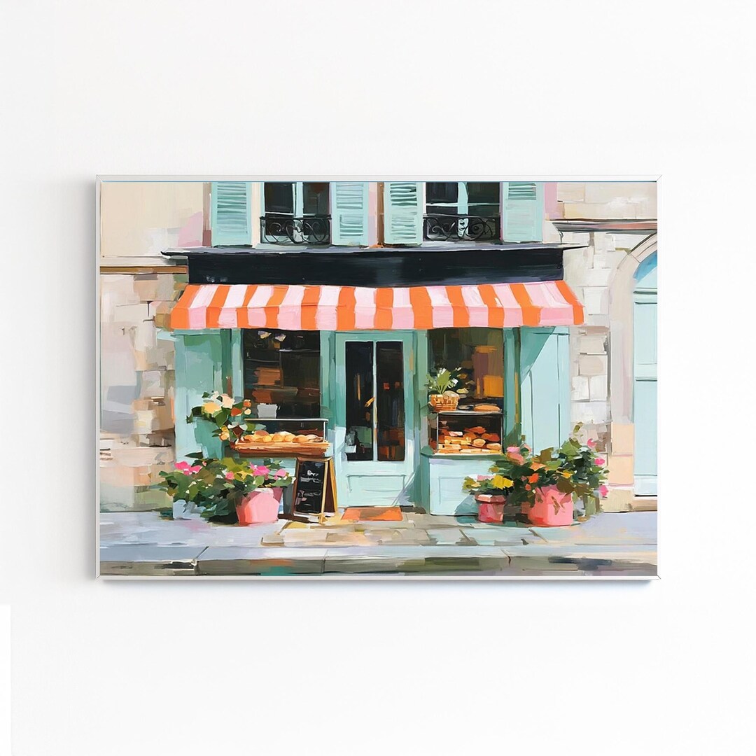 French Bakery Wall Art – Romantic Paris Café Digital Download, Pink ...