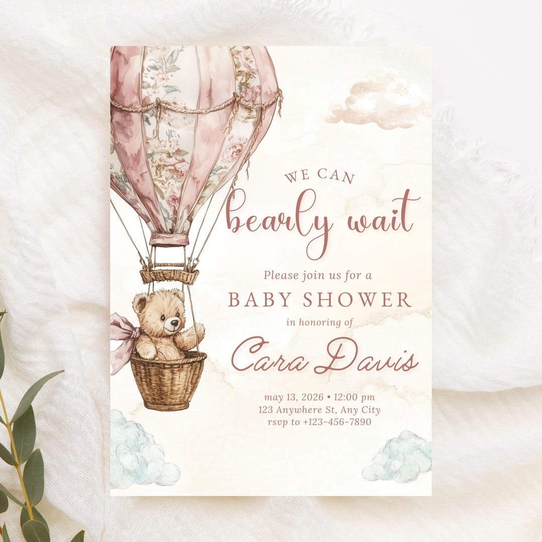 Bearly Baby Shower Invitation Template Girl Bear Balloon Shower Invite ...
