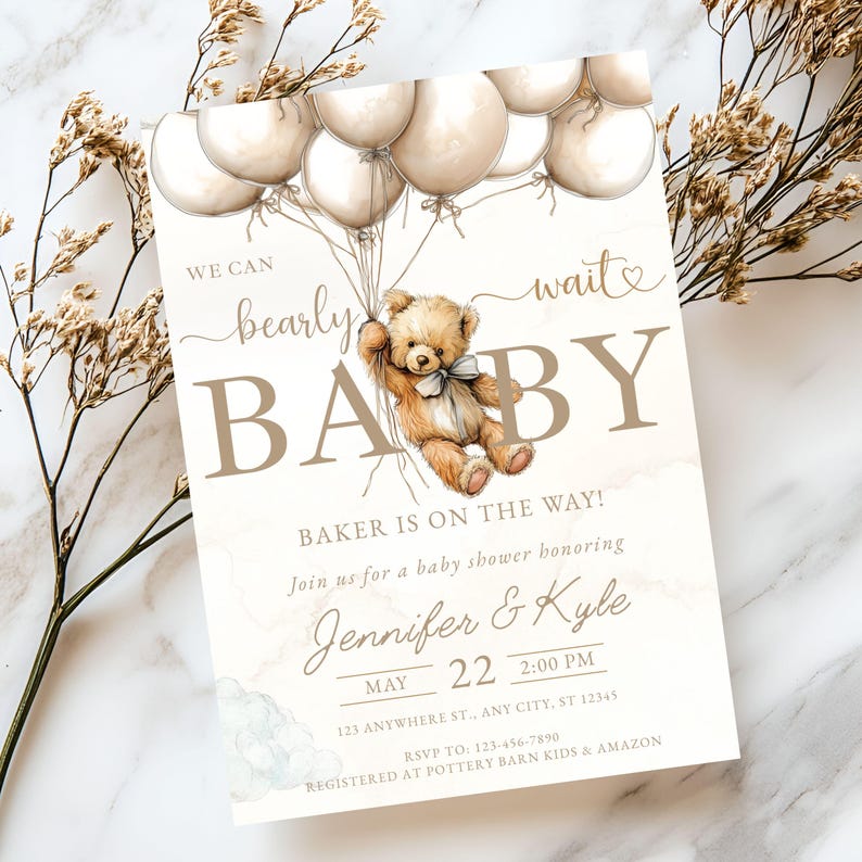 Teddy Bear Invitation Digital Template Baby Shower Gender Neutral Beige ...