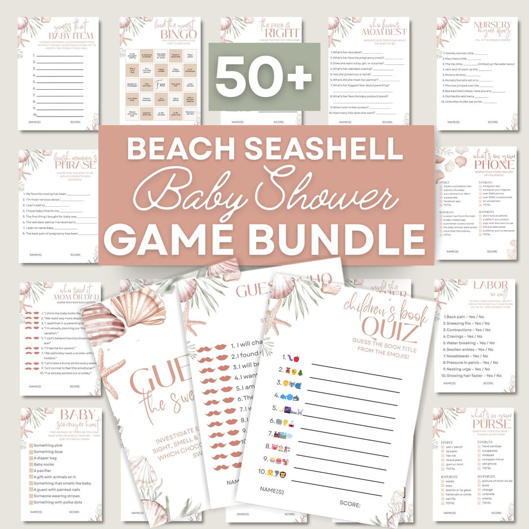 Neutral Seashell Game Bundle Baby Shower Template Game Printable Edit ...