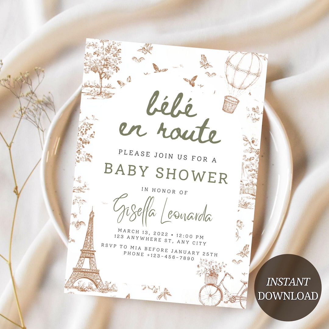 French Baby Shower Invitation Template Neutral Paris Theme Bebe Shower ...