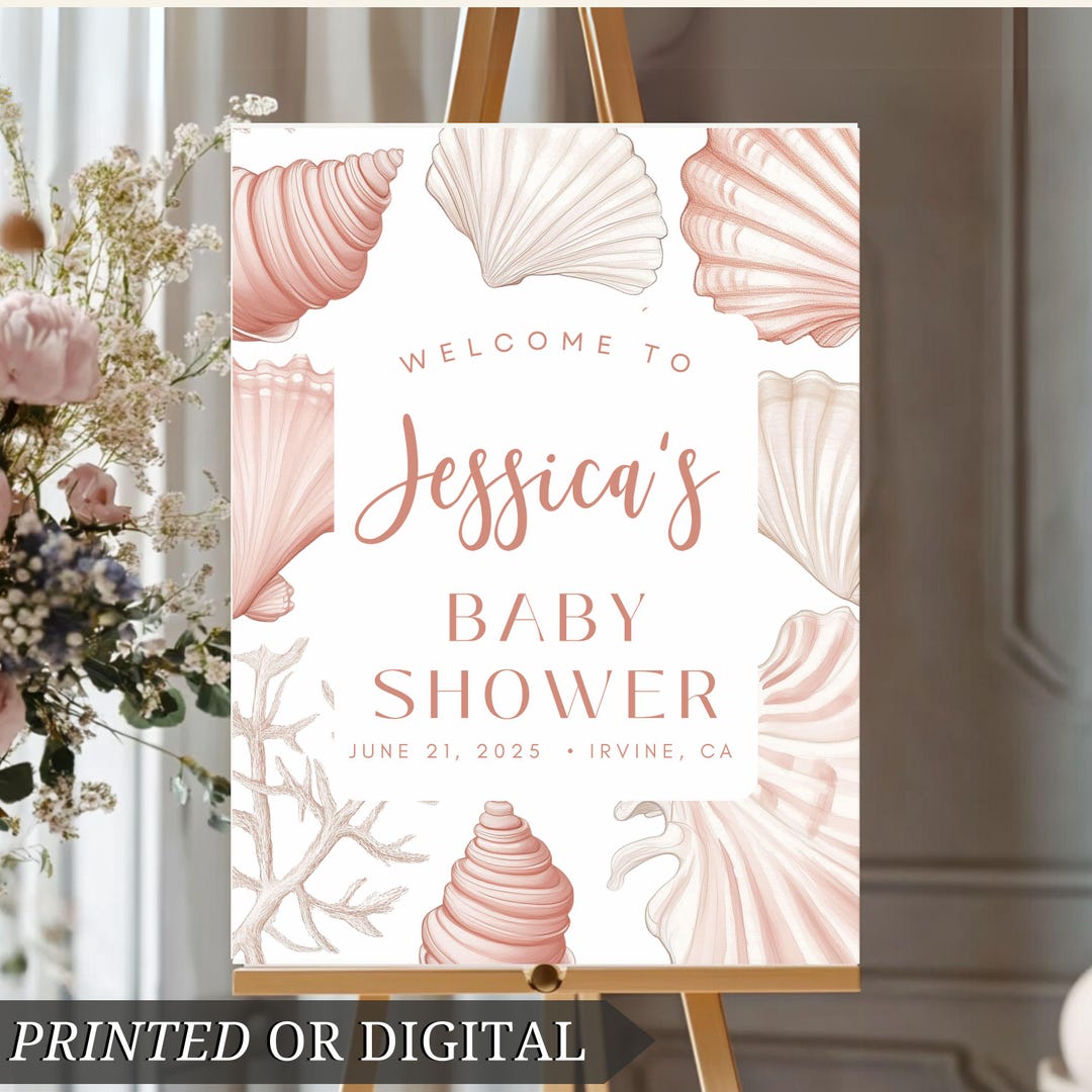 Sea Shell Baby Shower Welcome Sign Digital Download Whimsical Pink Baby ...
