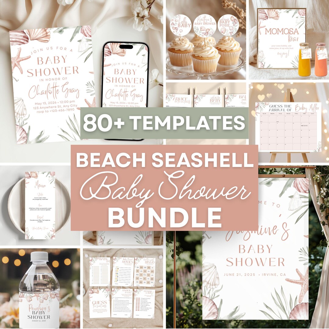 Sea Shell Baby Shower Printable Bundle Digital Download Invitation ...