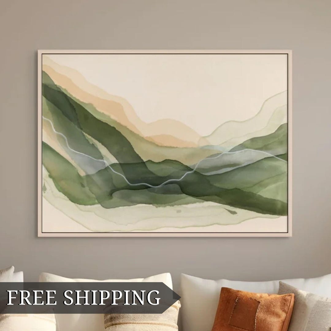 Large Wall Art Oversized Horizontal Wabisabi Canvas Sage Green Abstract ...
