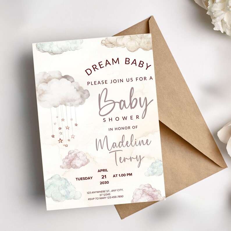 Cloud Baby Shower Invitation Template Digital Download Watercolor ...