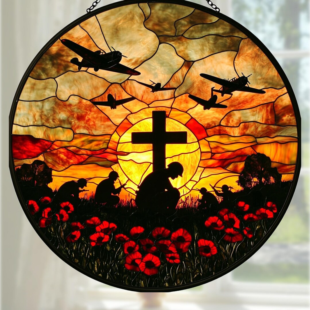 Memorial Soldier Faux Stained Glass Suncatcher – Round Window Hanging ...
