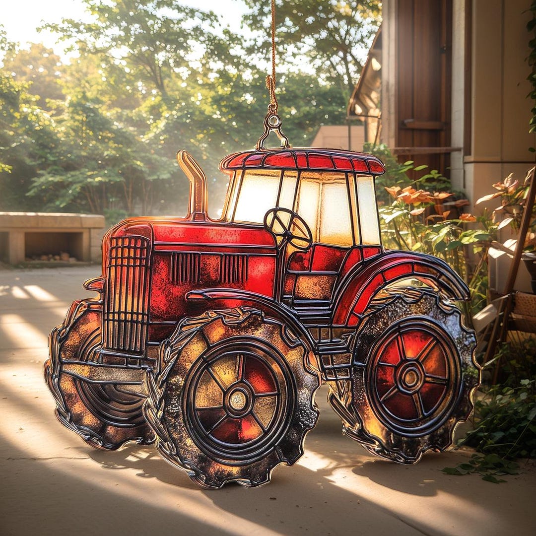 Vintage Red Tractor Stained Glass Suncatcher | Farmhouse Window Decor ...