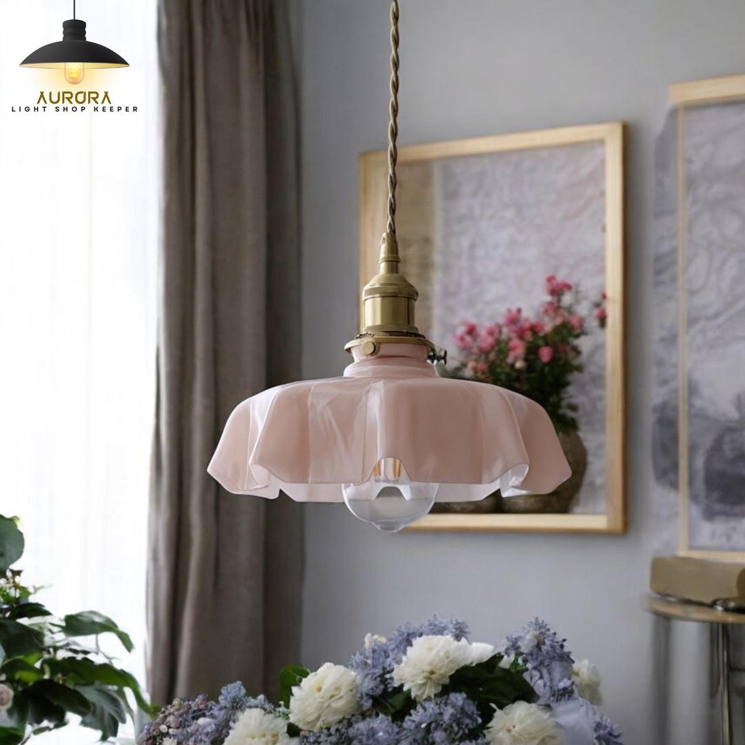 Vintage Pink Glass Pendant Light |ruffled Art Deco Hanging Lamp ...