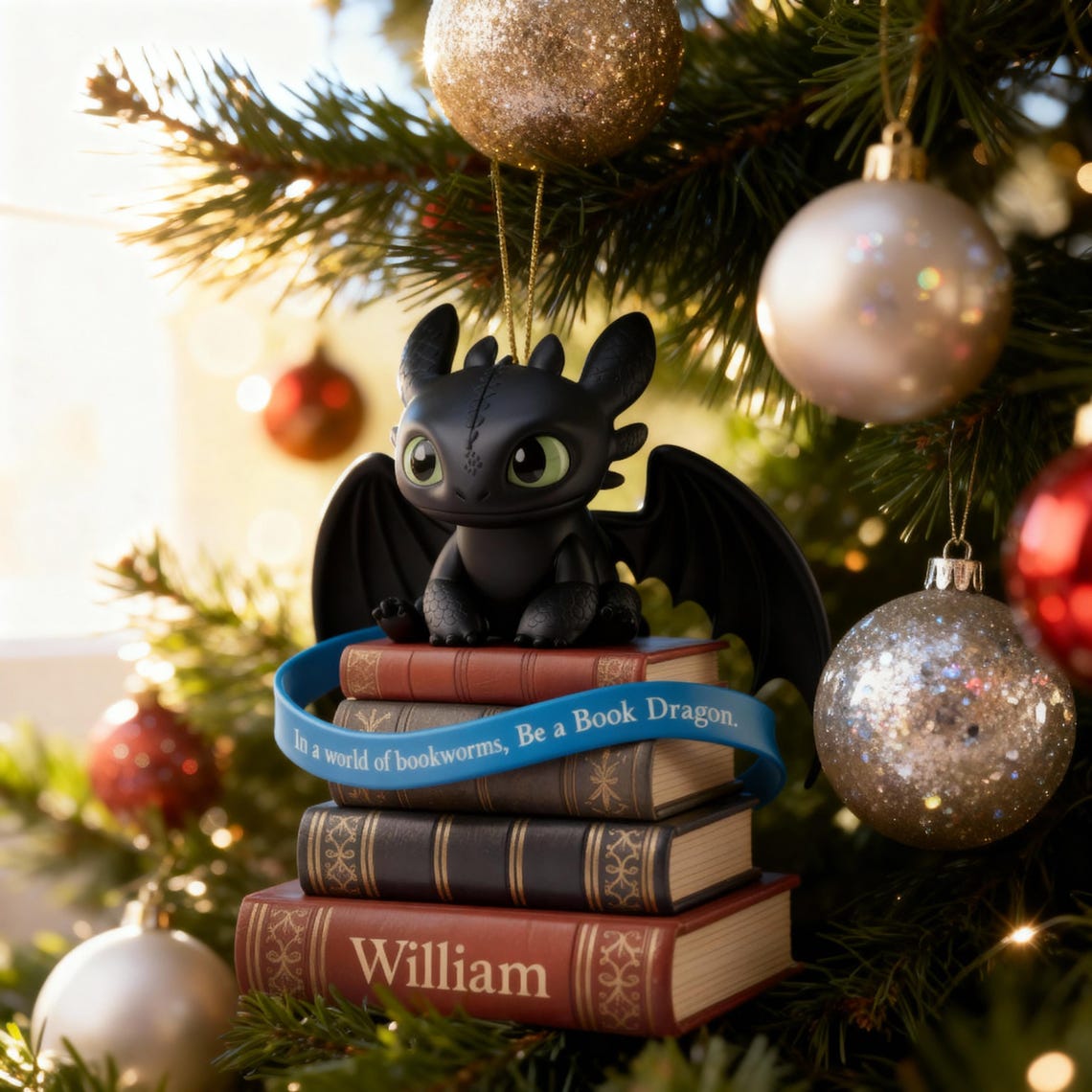 Custom Name Toothless & Light Fury Ornament, Dragon Reading Gift, Book ...