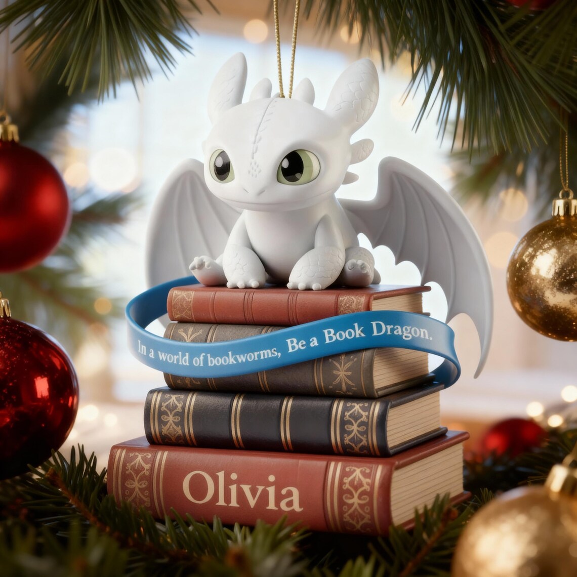 Custom Name Toothless & Light Fury Ornament, Dragon Reading Gift, Book ...