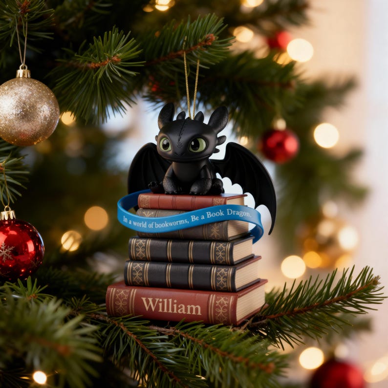 Custom Name Toothless & Light Fury Ornament, Dragon Reading Gift, Book ...