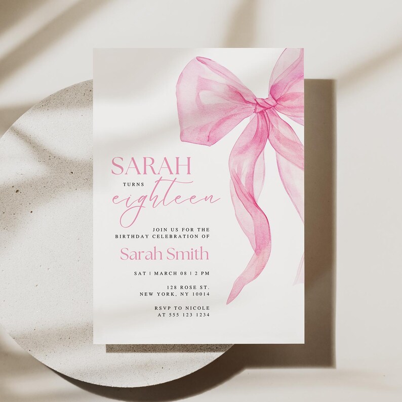 Pink Bow Birthday Invitation Template Preppy Pink Bow Invites Pink ...