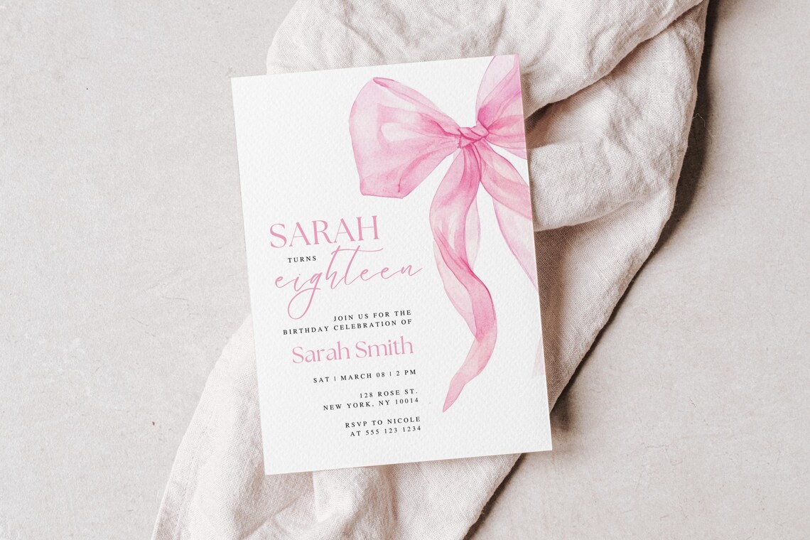 Pink Bow Birthday Invitation Template Preppy Pink Bow Invites Pink ...