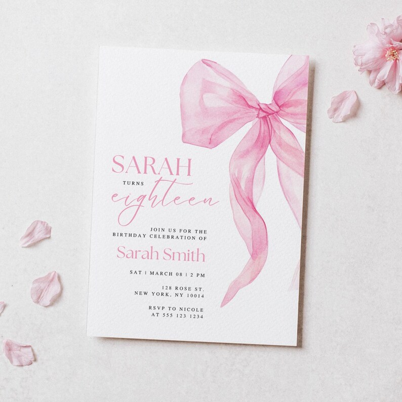 Pink Bow Birthday Invitation Template Preppy Pink Bow Invites Pink ...