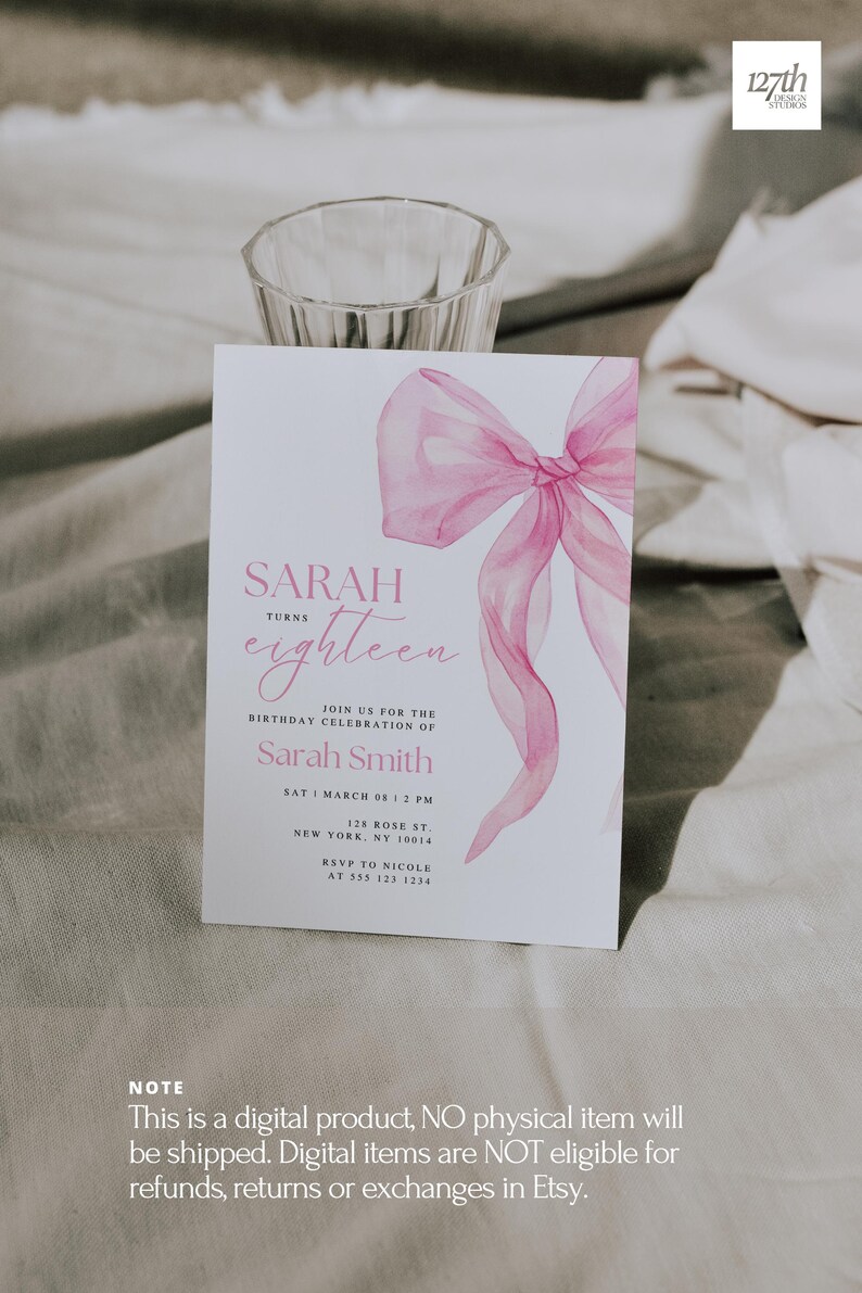 Pink Bow Birthday Invitation Template Preppy Pink Bow Invites Pink ...