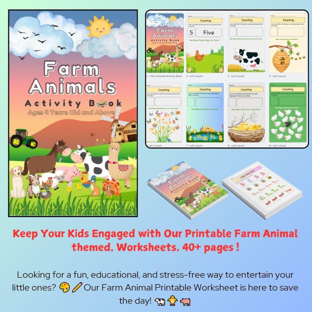 Farm Animal Fun Activity Book for Kids 4+ – Printable Puzzles, Coloring ...