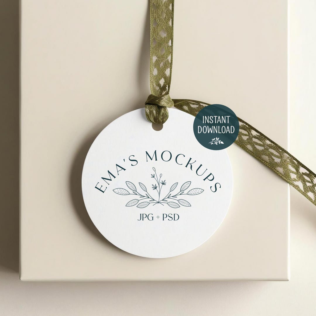 Round Gift Tag Mockup, Olive Green Ribbon, Birthday Tag, Minimalist ...