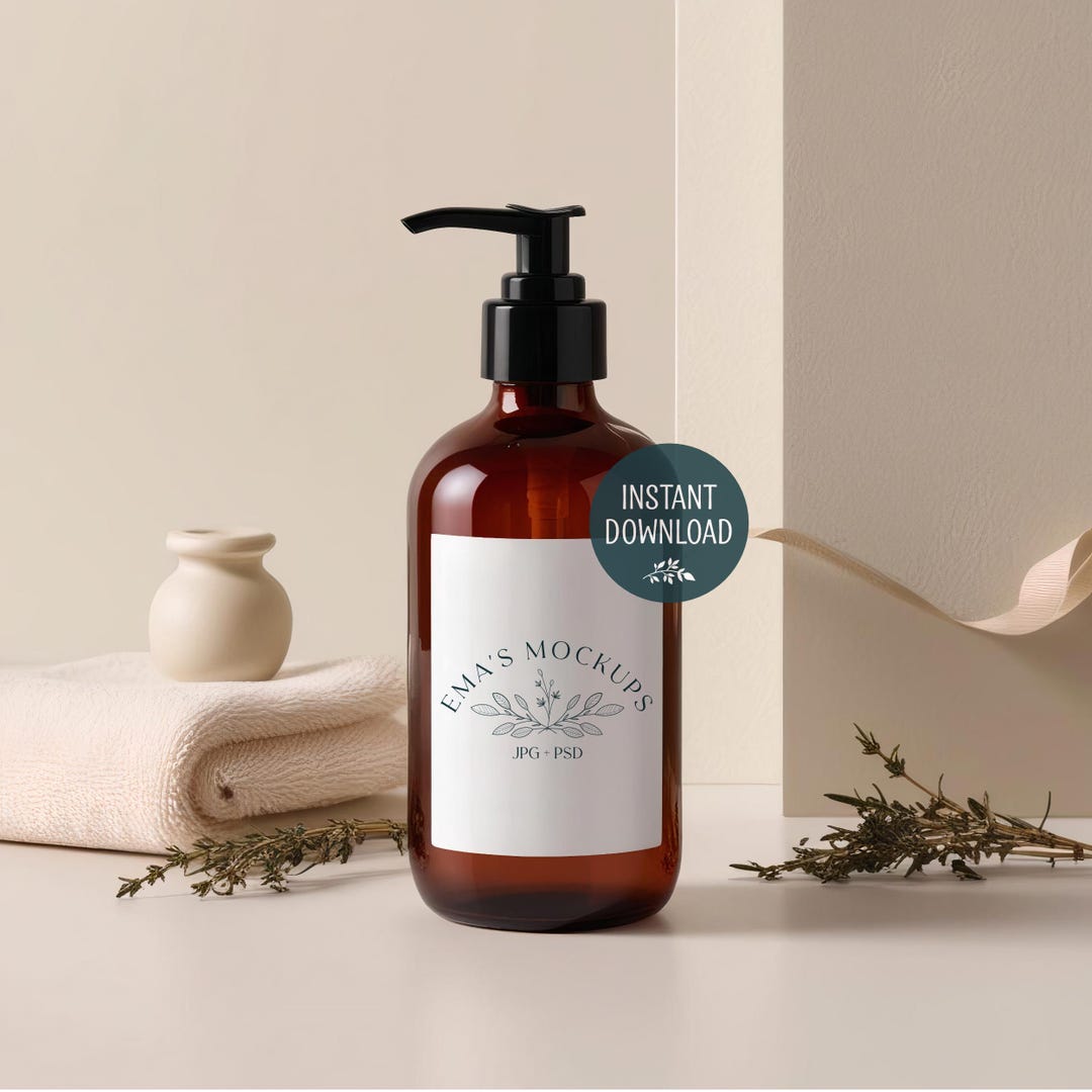 Body Lotion Label Mockup, Brown Glass Pump Bottle, 3.5" X 2.5" Cosmetic ...