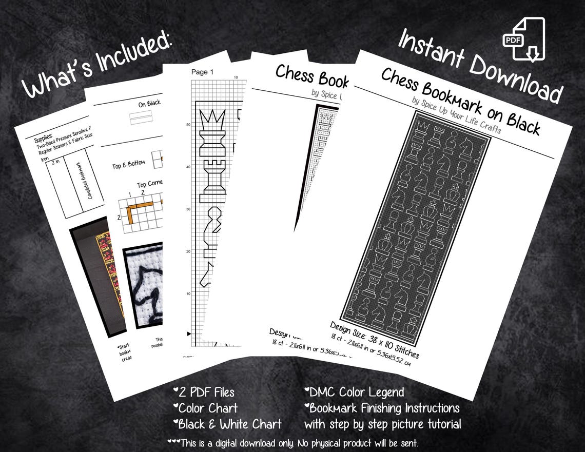 Chess Blackwork Bookmark Sewing Pattern, Blackwork Embroidery Chart ...
