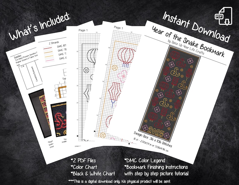 Year of the Snake Blackwork Bookmark Sewing Pattern, 2025 Lunar New ...