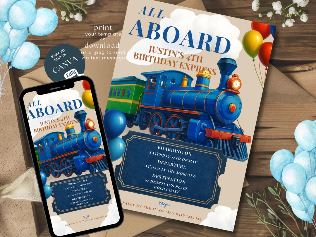 4th Birthday Train Invite Boy | Train Invitation 4th Birthday | Train ...
