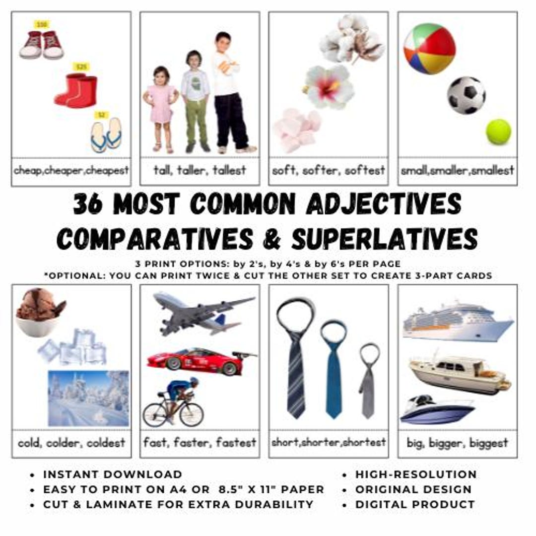 36 Most Common ADJECTIVES Comparative & Superlative Flashcards, Basic ...