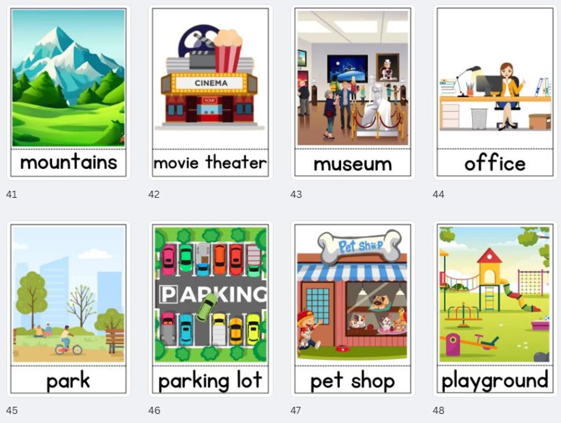 64 PLACES in City and Town, Printable Flashcards | Names of Buildings ...