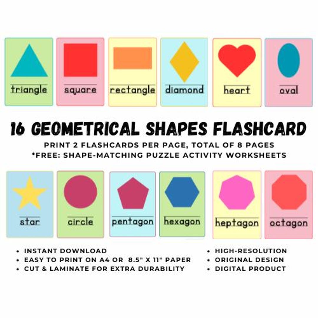 16 GEOMETRICAL SHAPES Flashcards Pre-k Montessori Classroom Materials ...