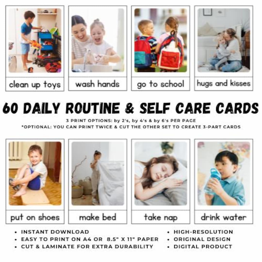 60 Kids Daily Routine and Self-care Flashcards | Toddler Routines and ...