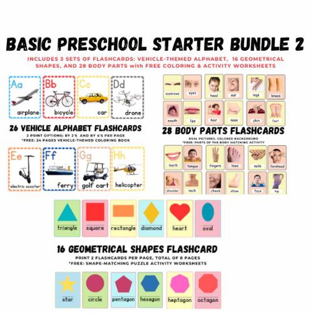 Preschool Starter Bundle2 | 3 Flashcard Sets - Vehicle-themed Alphabet ...