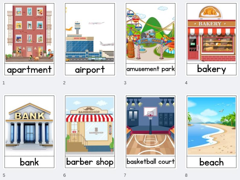64 PLACES in City and Town, Printable Flashcards | Names of Buildings ...