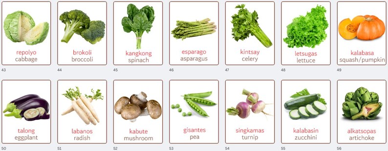 70 FILIPINO-ENGLISH Fruits & Vegetables Bilingual Printable Flashcards ...