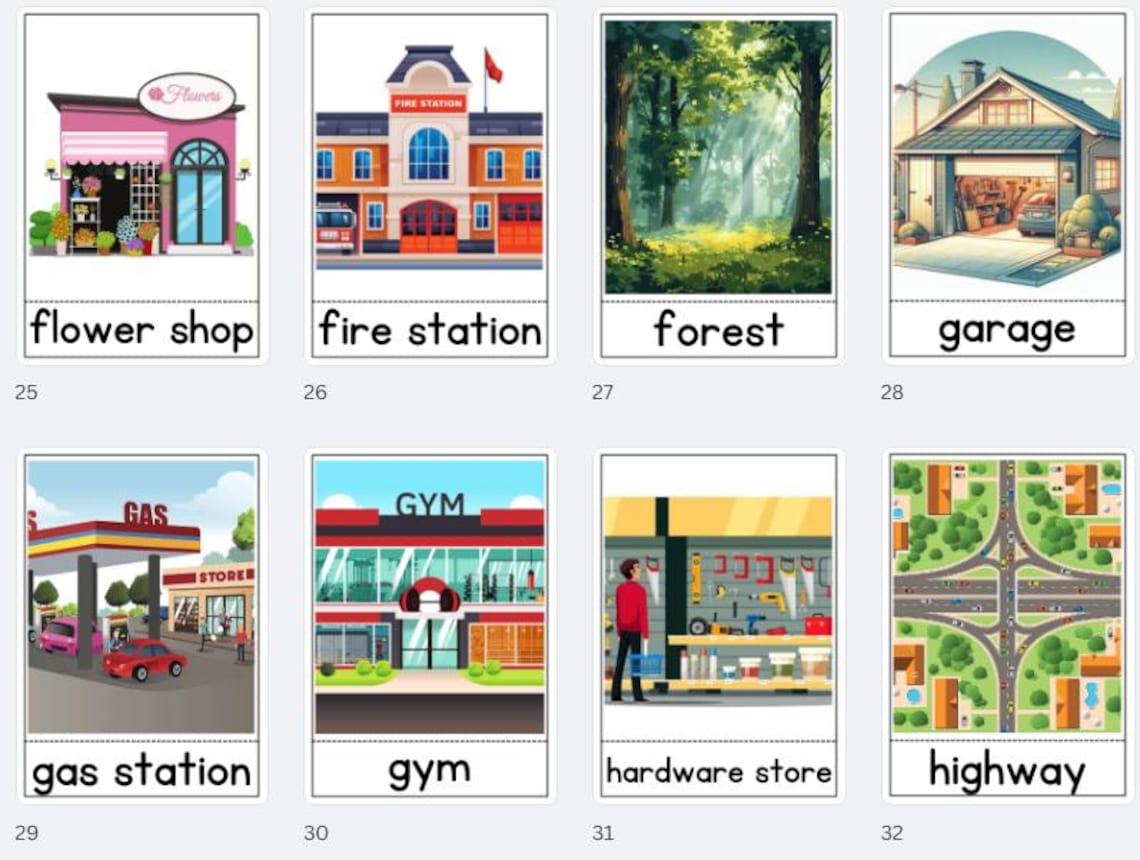 64 PLACES in City and Town, Printable Flashcards | Names of Buildings ...