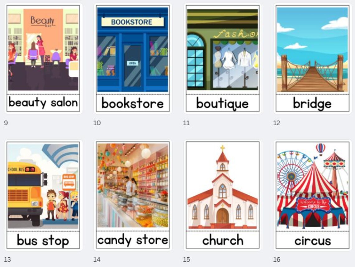 64 PLACES in City and Town, Printable Flashcards | Names of Buildings ...