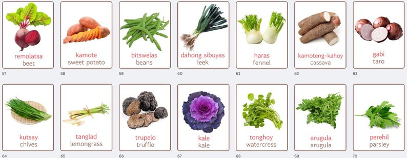 70 FILIPINO-ENGLISH Fruits & Vegetables Bilingual Printable Flashcards ...