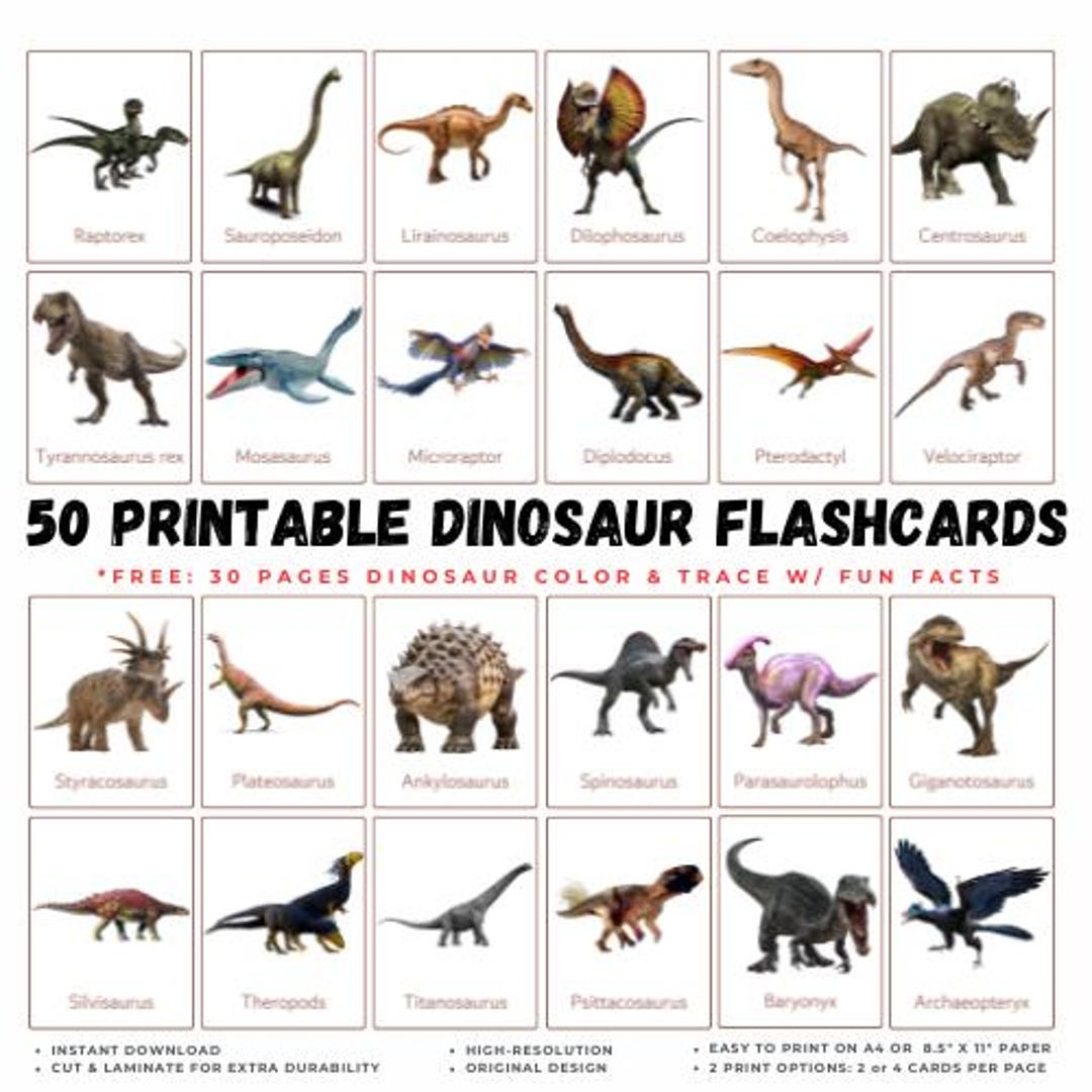 50 Printable Dinosaurs Flashcard | Extinct Animals, Prehistoric Mammals ...