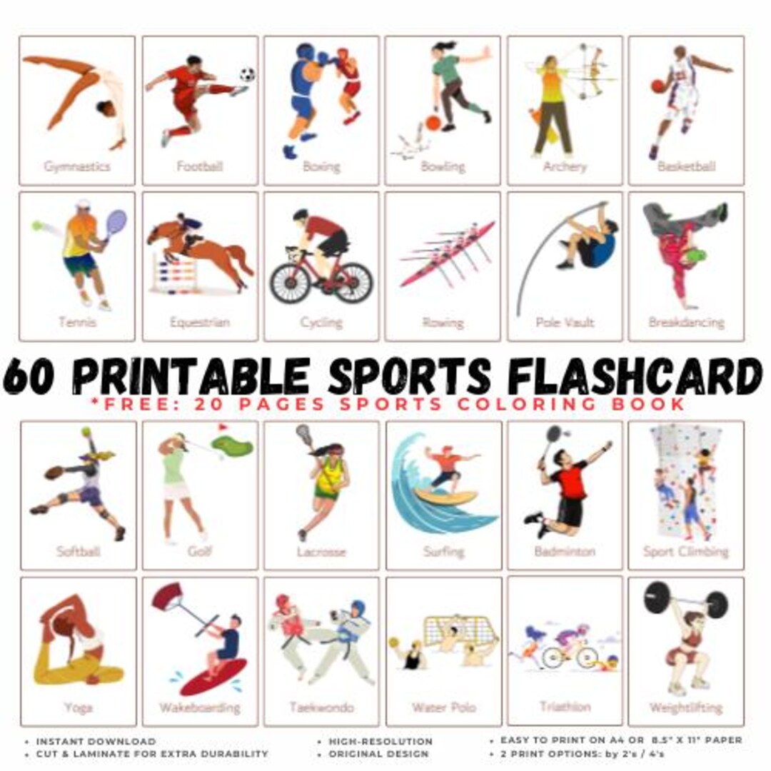 60 Illustrated Sports Printable Flashcards, Olympic Games Card ...